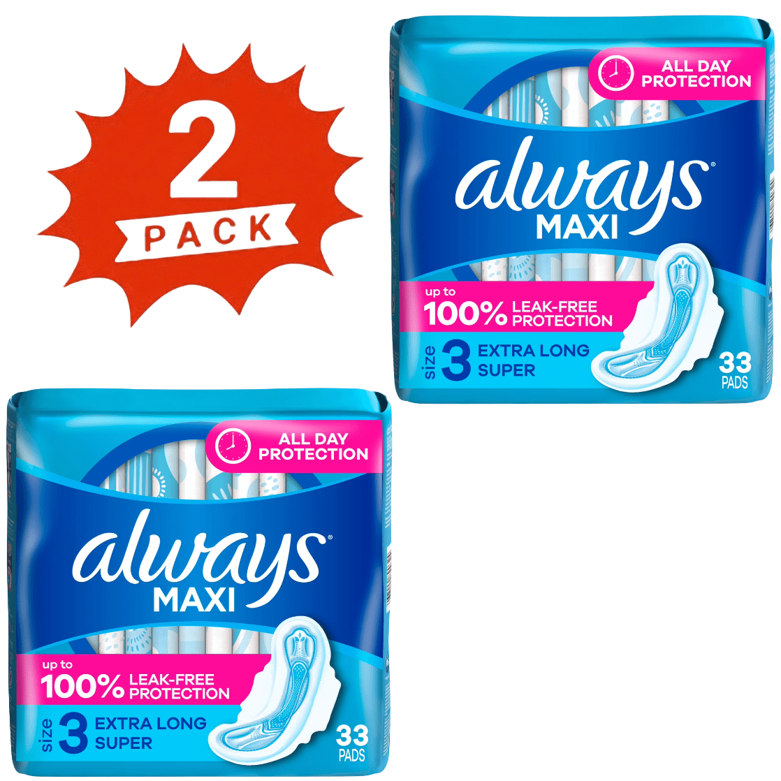 Always Maxi Size 3 Extra Long Super Pads with Wings, 66 Count (2-Pack ...