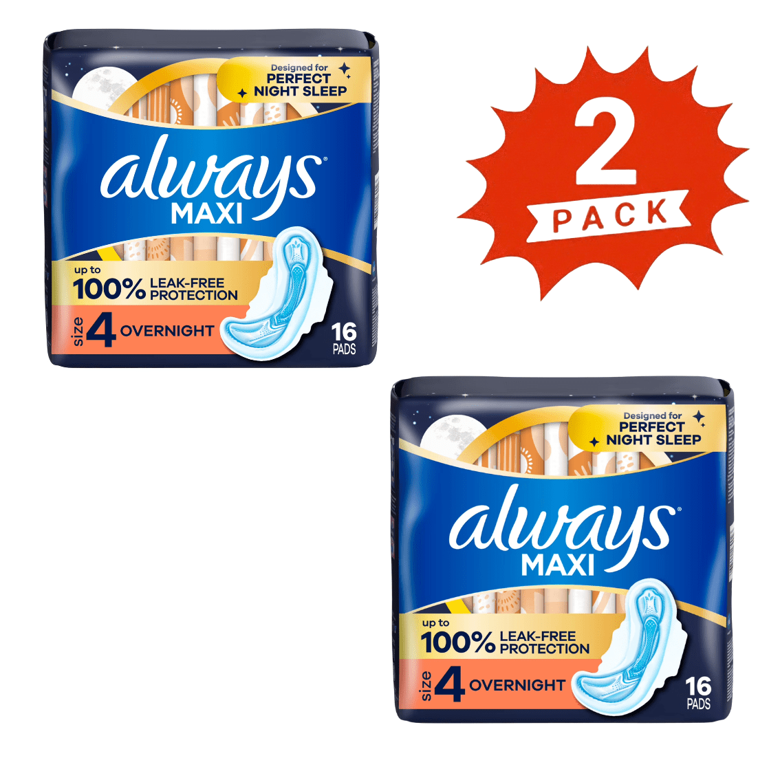 Always Maxi Size 4 Overnight Pads with Wings, 32 Count (2-Pack ...