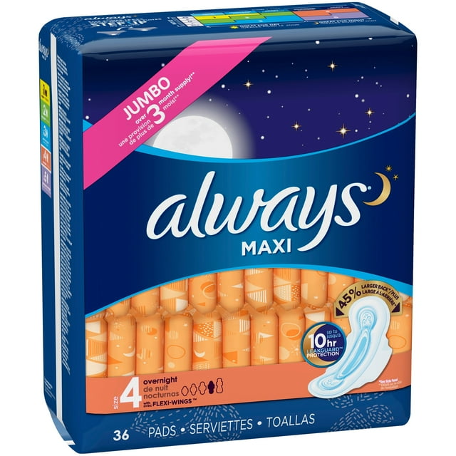 Always Maxi Size 4 Overnight Pads with Wings, Unscented, 36 Count HSA ...