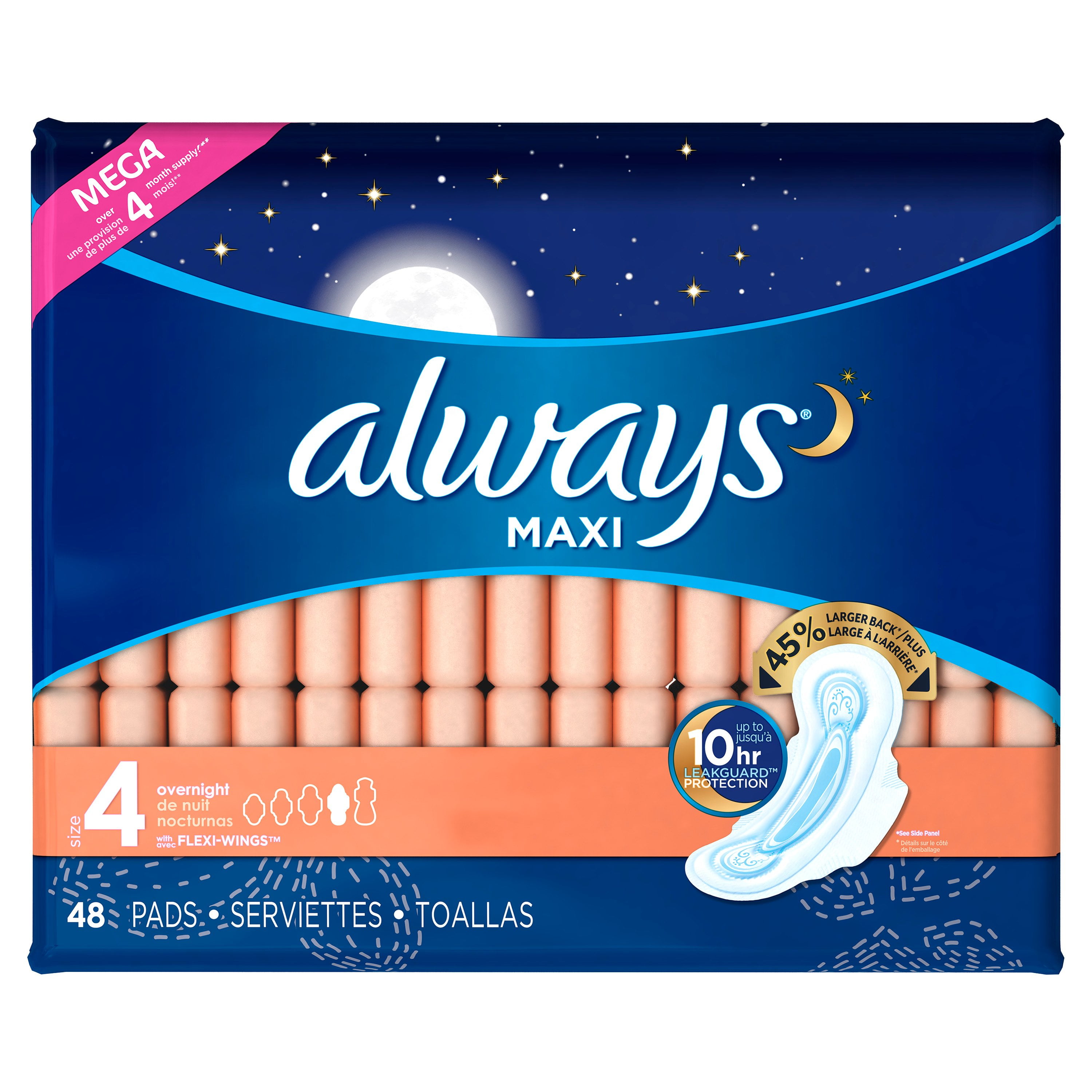 Always Maxi Size 4 Overnight Pads with Wings Unscented, 48 ct (Package ...