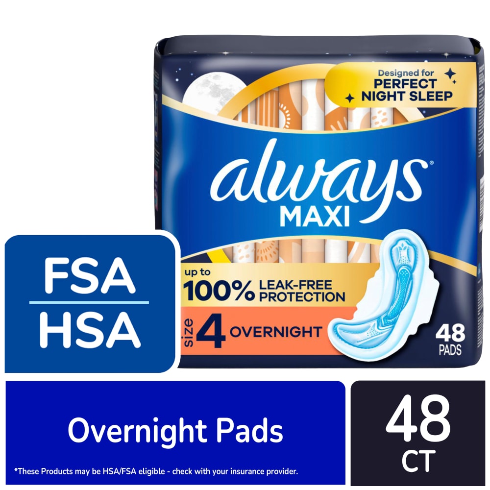 Always Maxi Size 4 Overnight Unscented Pads With Wings, 48 count ...