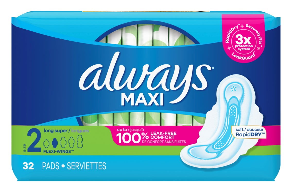 Always Pads Size 2 Maxi 32 Count Long Super 9 Hour (Pack of 2 ...