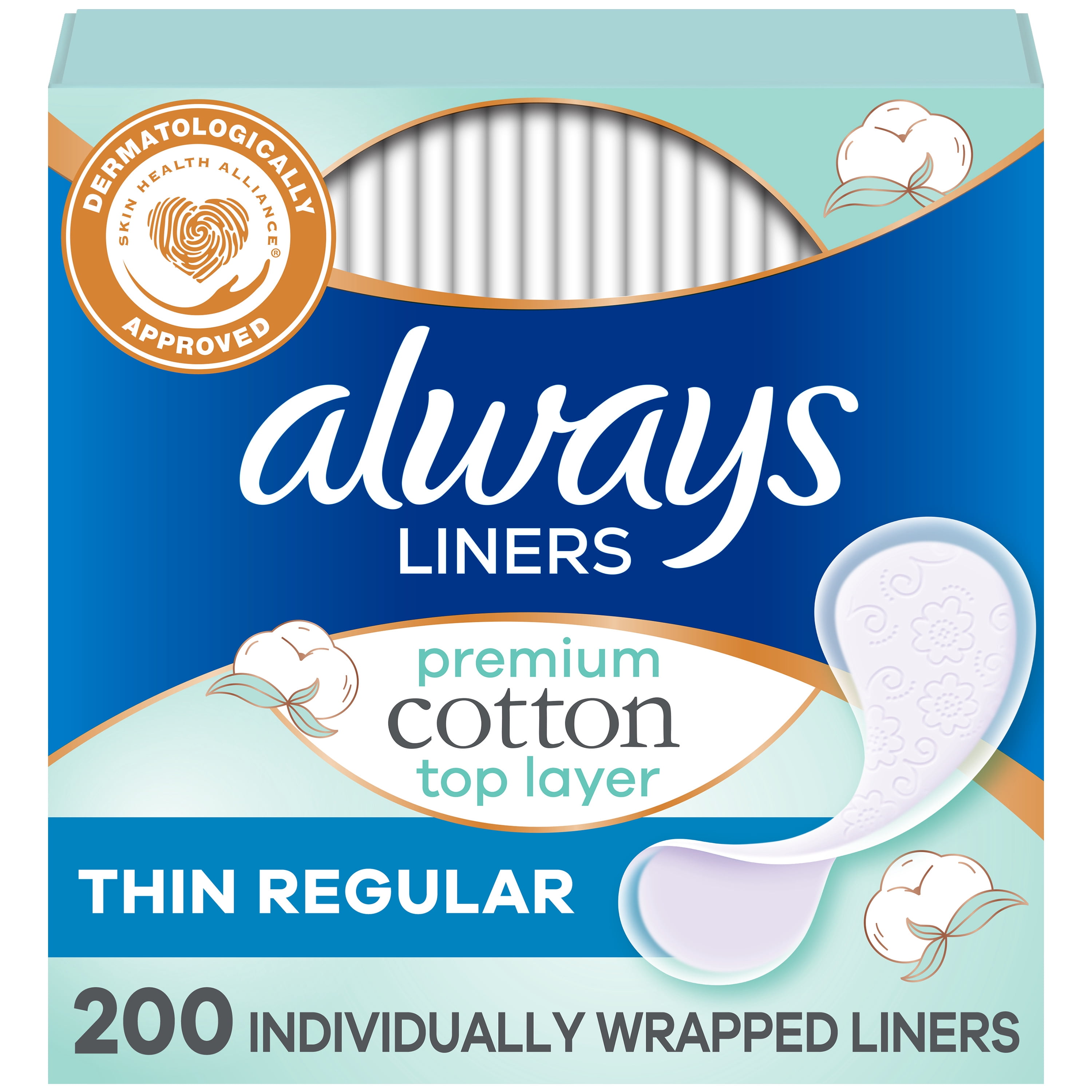 Always Premium Cotton Thin Daily Liners, Regular, 200 CT - Walmart.com