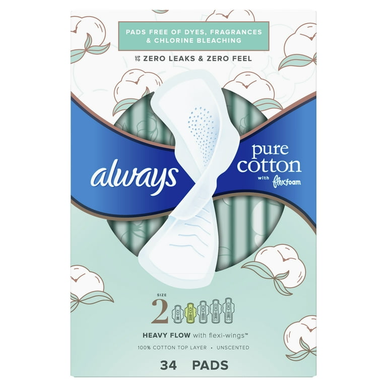 Always Pure Cotton Feminine Pads With Wings Size 2 Heavy Absorbency 34 CT