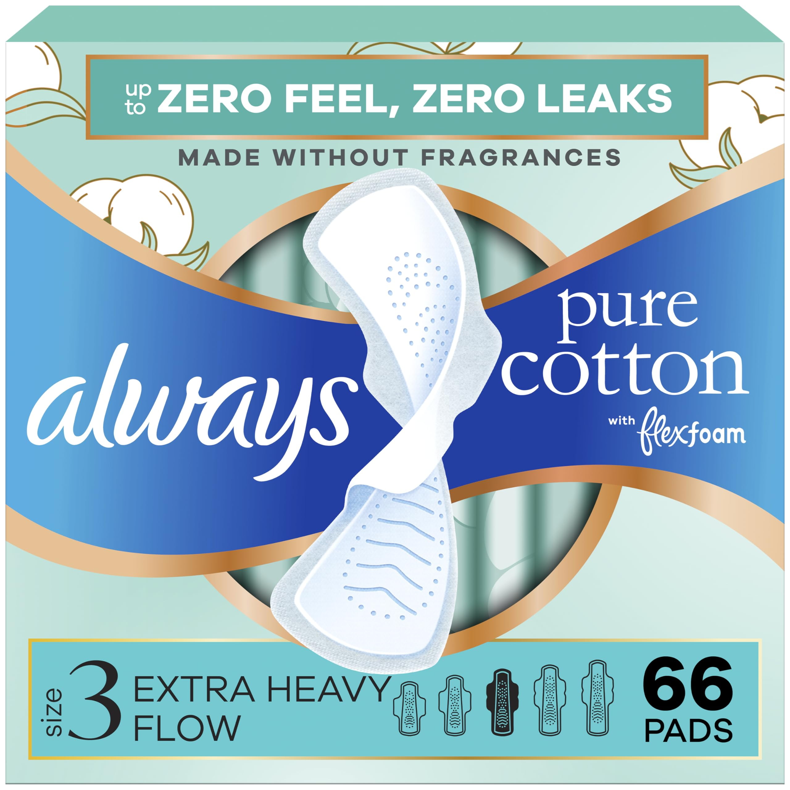 Always Pure Cotton Feminine Pads for Women, FlexFoam Pads with Wings ...