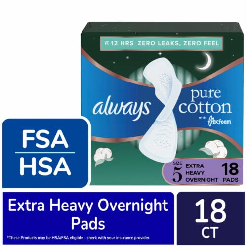 Always Pure Cotton Size 5 Heavy Overnight Unscented Pads With Wings 18 ...