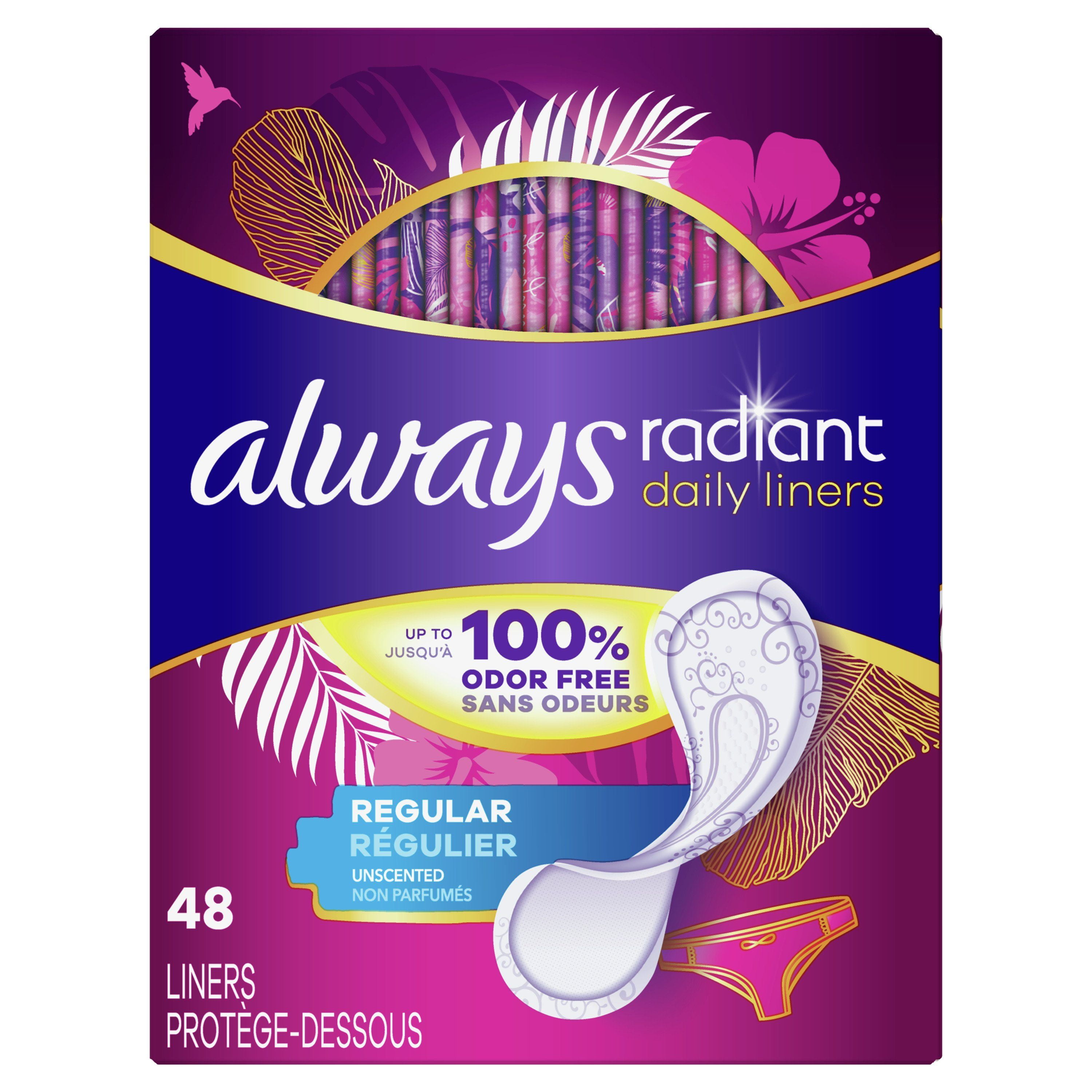 Always Radiant Daily Liners Regular Unscented - 48 ct Package May Vary ...