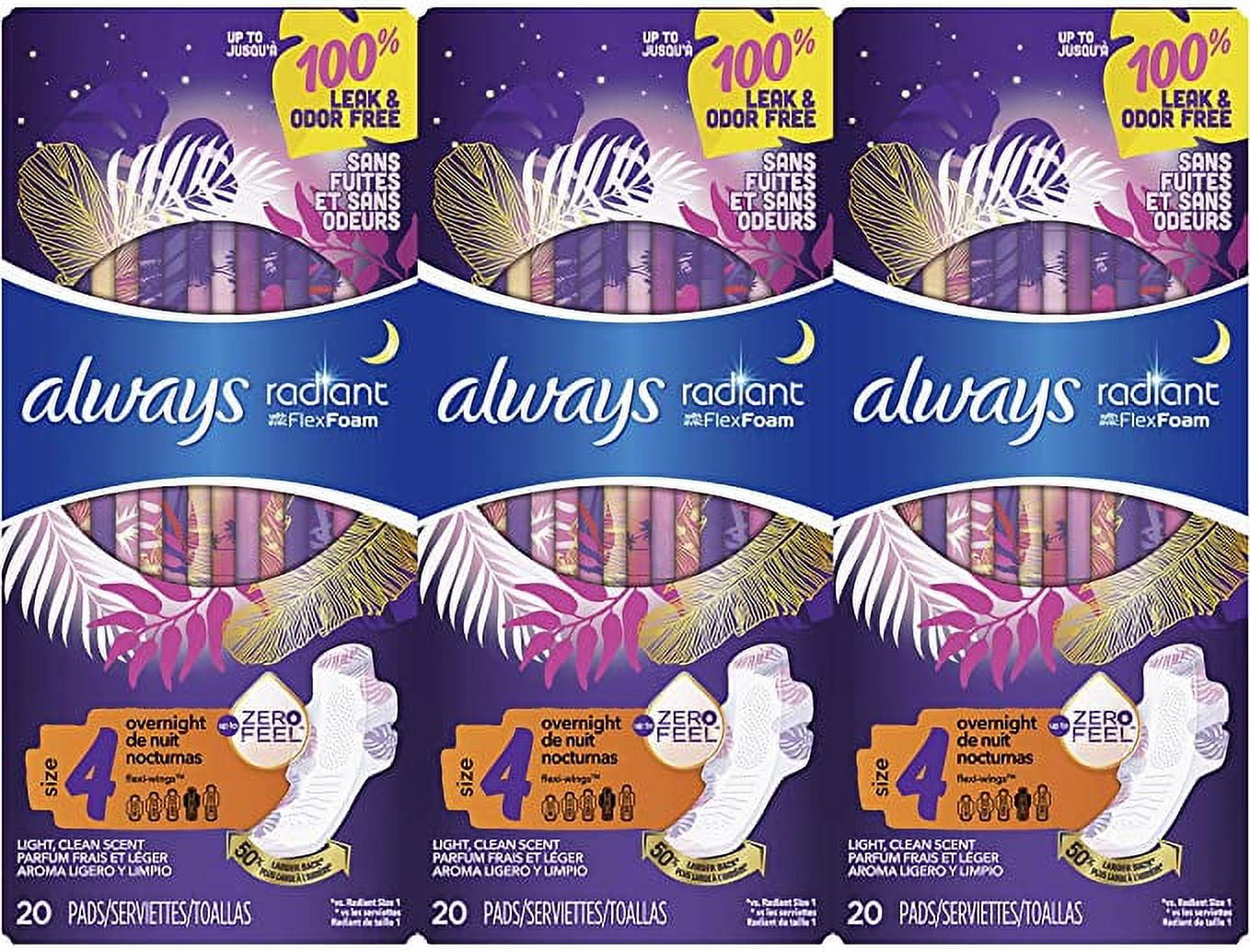 Always Radiant Feminine Pads for Women, Size 4, 60 Count, Overnight ...