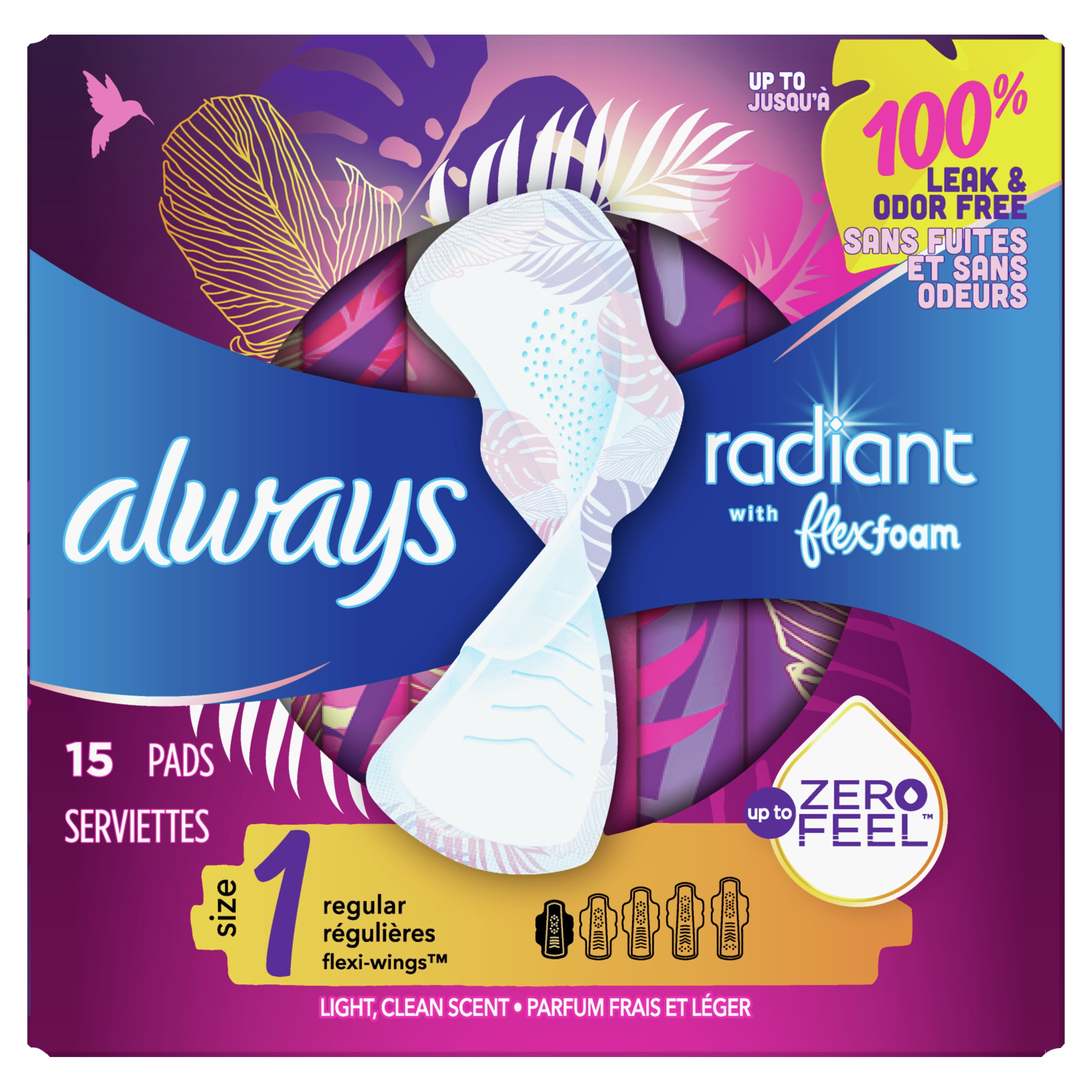 Always Radiant Feminine Pads with Wings, Size 1, Regular Absorbency ...