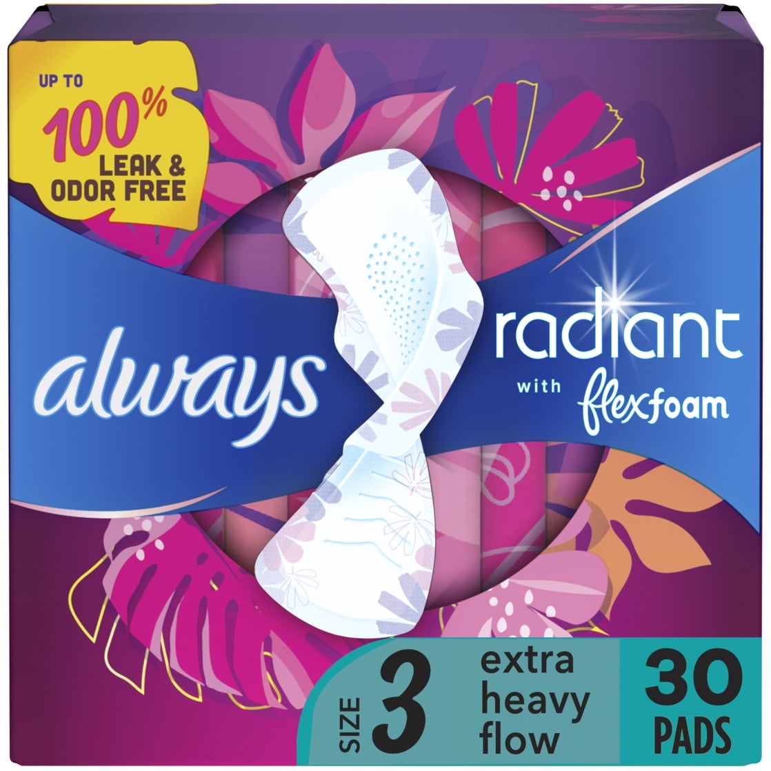 Always Radiant Feminine Pads with Wings Size 3 Extra Heavy Absorbency ...