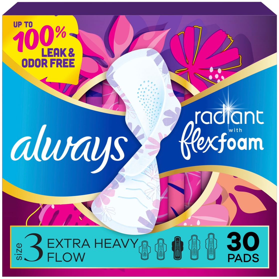 Always Radiant Feminine Pads with Wings Size 3 Extra Heavy Absorbency ...