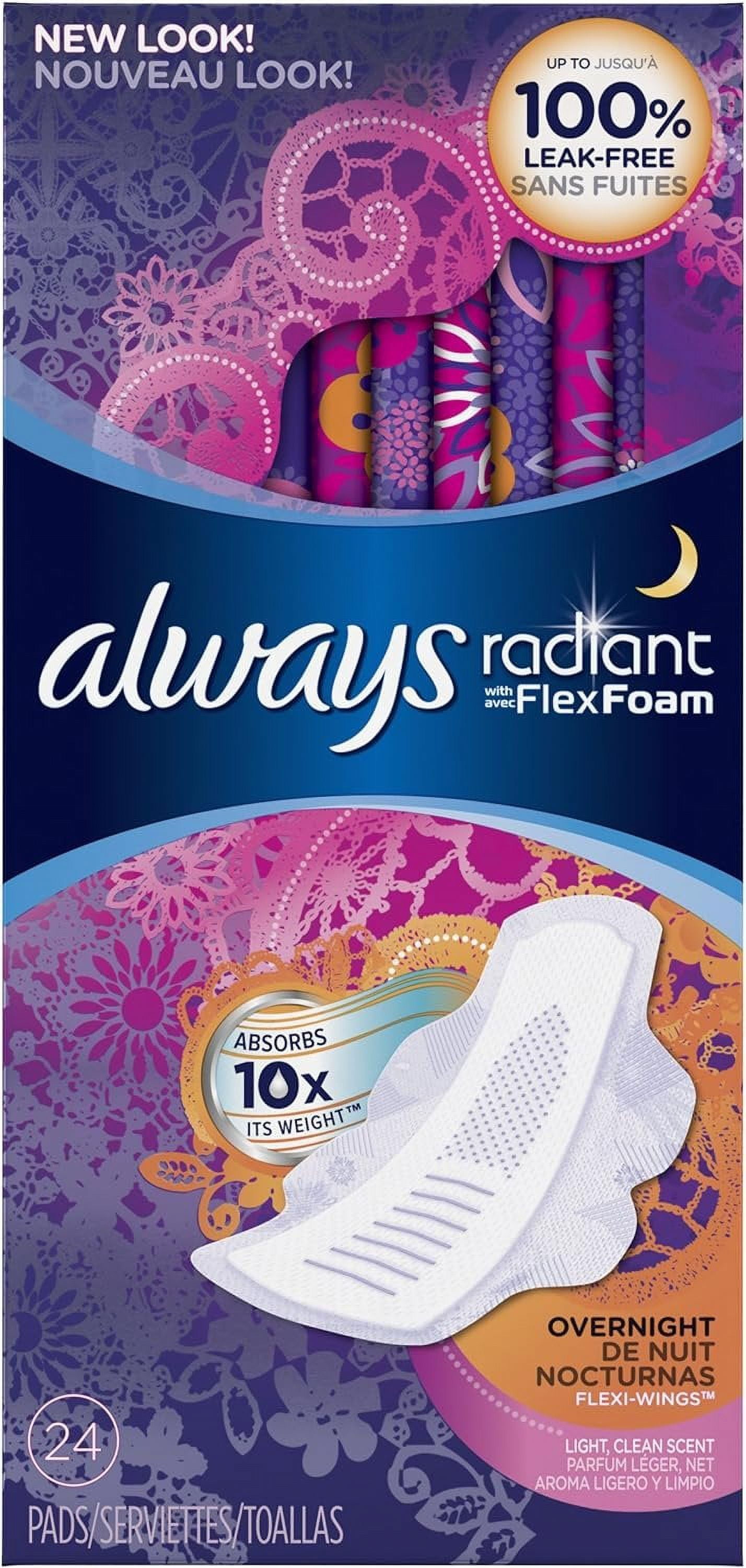 Always Radiant Infinity Overnight Feminine Pads with Wings, Scented, 24 ...
