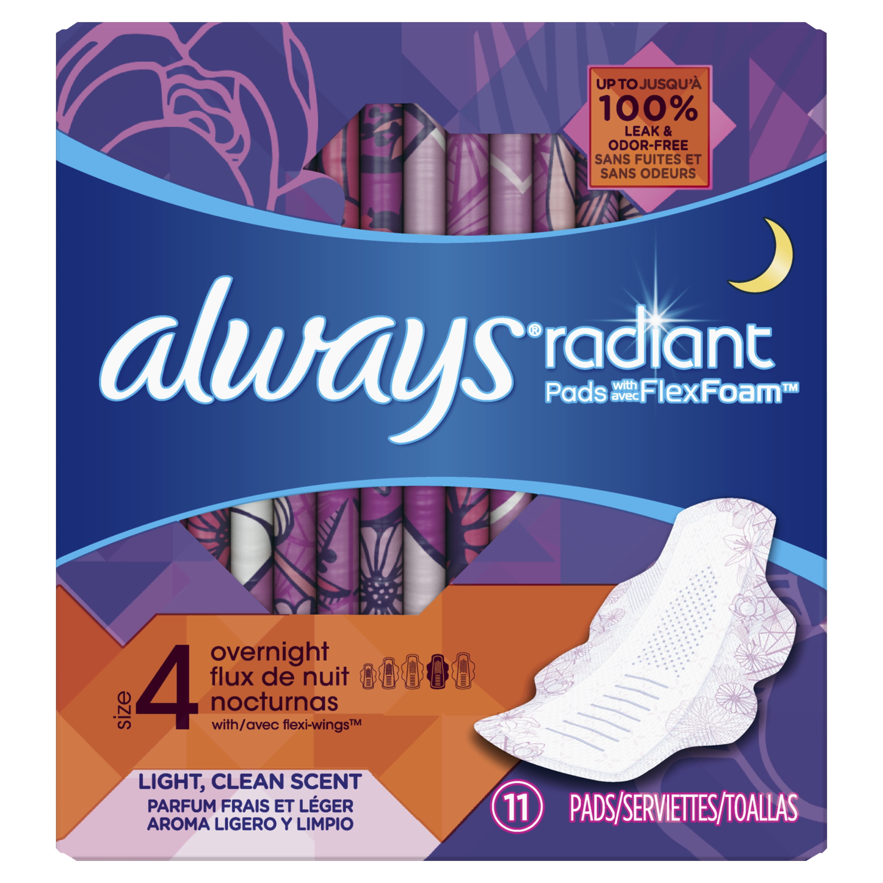 Always Radiant Overnight Pads, Size 4, Light Clean Scent, 11 Count HSA ...