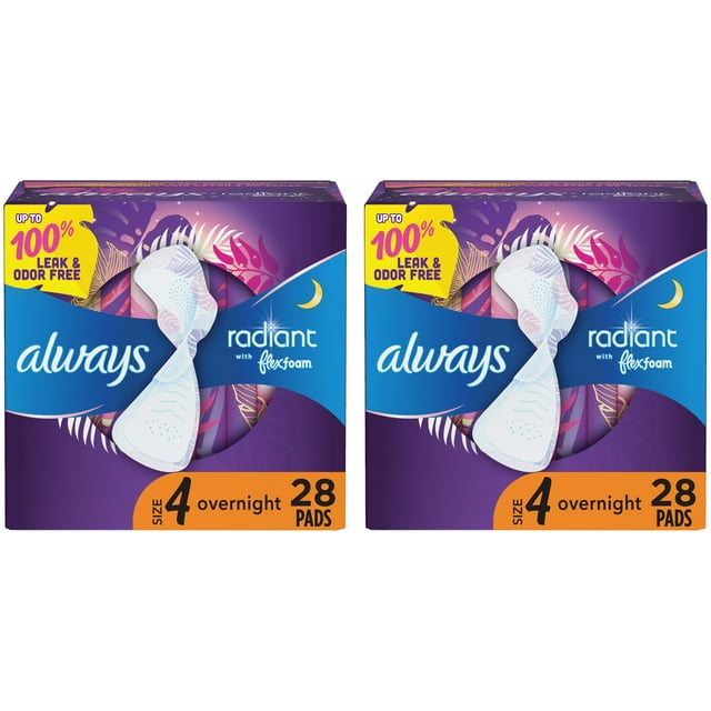 Always Radiant Overnight Pads with Wings, Scented, Size 4, 28 Ct, 2 ...