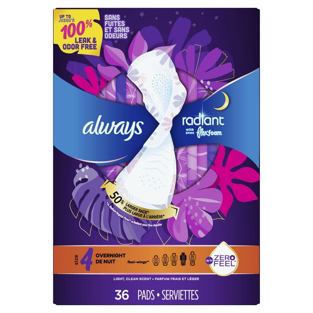 Always Radiant Pads with Wings - Overnight Size 4 - 36 ct - Walmart.com