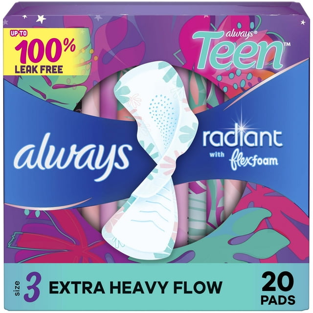 Always Radiant Teen Pads, Size 3, Extra Heavy, Wings, 20 CT - Walmart.com