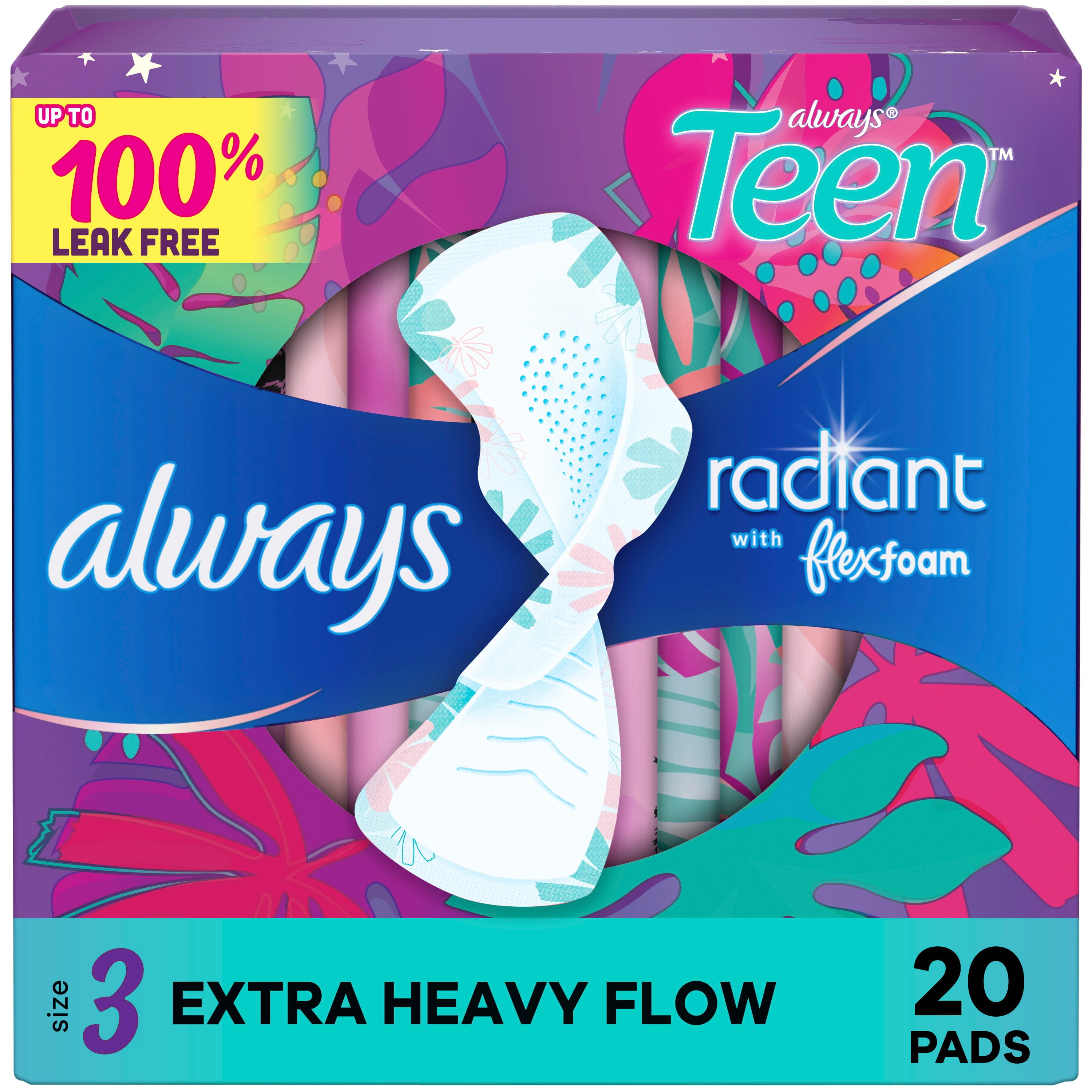 Always Radiant Teen Pads, Size 3, Extra Heavy, with Wings, Unscented ...