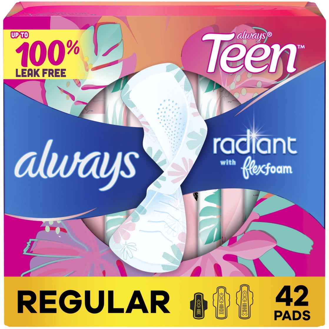 Always Radiant Teen Pads with Wings, Size 1, Regular Absorbency, 42 CT ...
