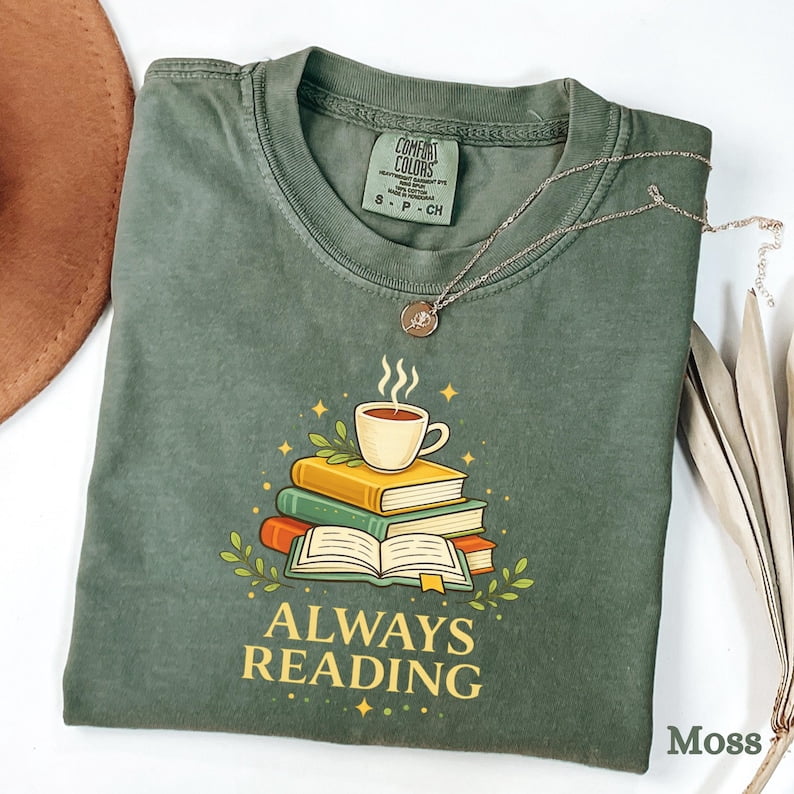 Always Reading Shirt Book Stack Coffee Graphic Tee Library Reading Life ...
