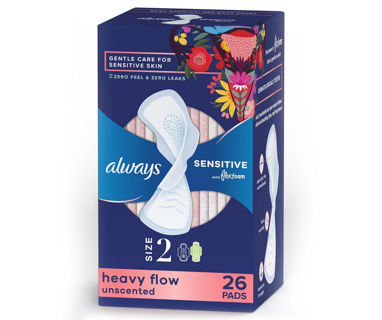 Always Sensitive FlexFoam Pads, Size 2 Heavy Flow Absorbency, Unscented ...