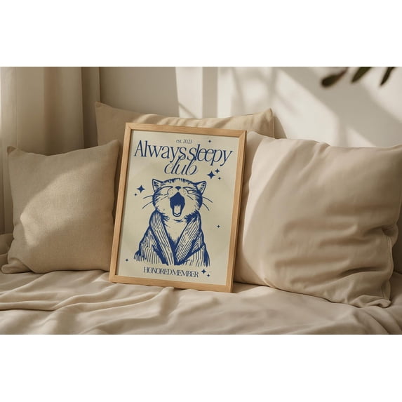 Always Sleepy Club Blue Cat Wall Art, Stretched Canvas Size 12x18 ...