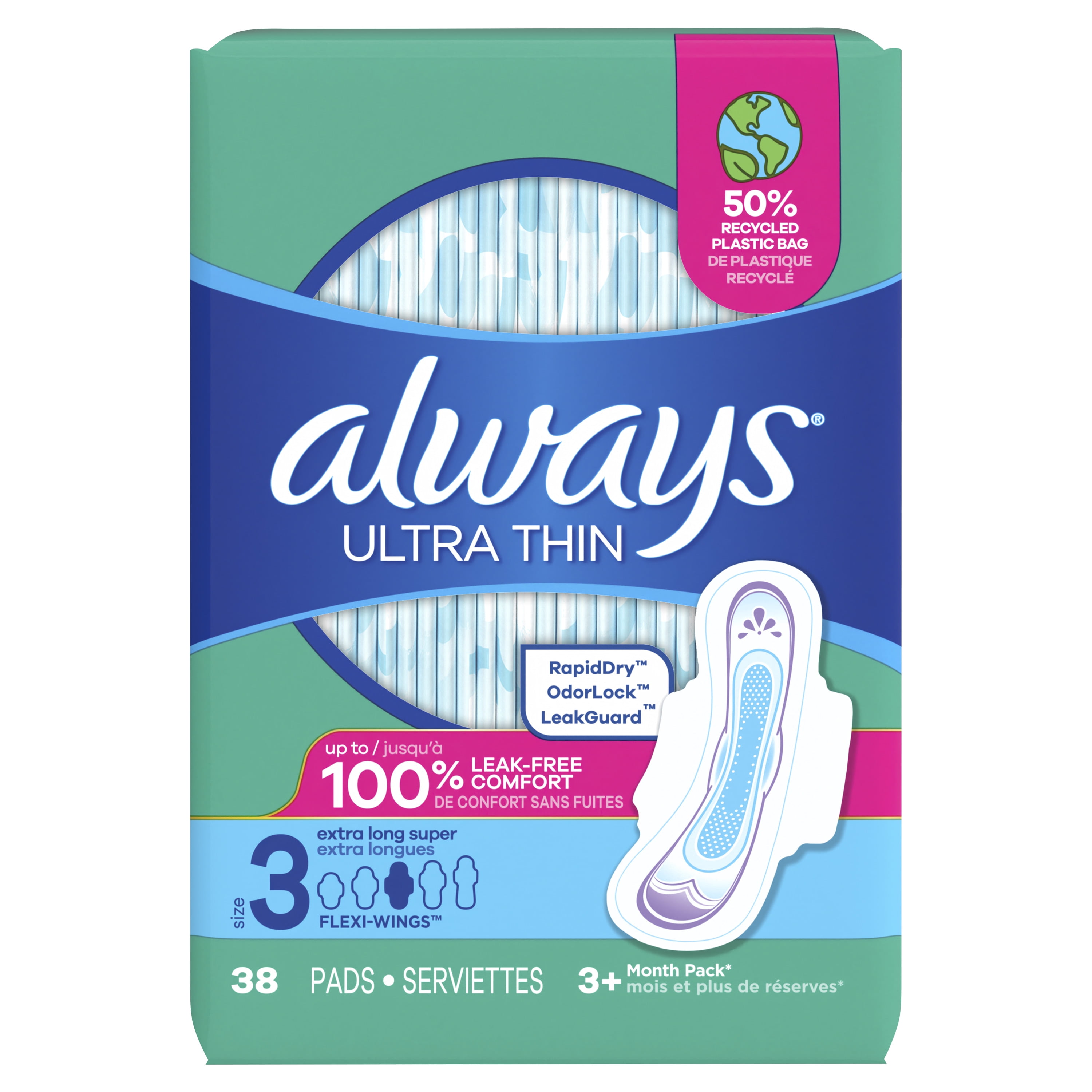 Always Ultra Thin Feminine Pads with Wings for Women, Size 3, Extra ...