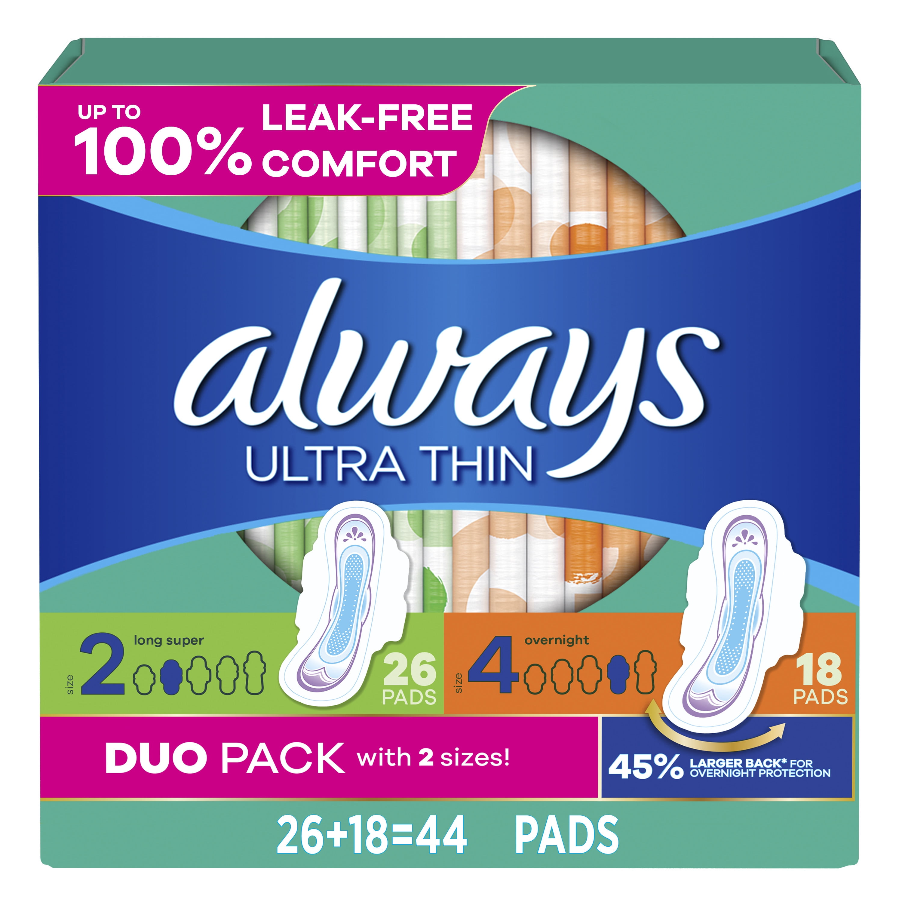 Always Ultra Thin Pads Duo Pack, Size 2 Long Super and 4 Overnight, 44 ...