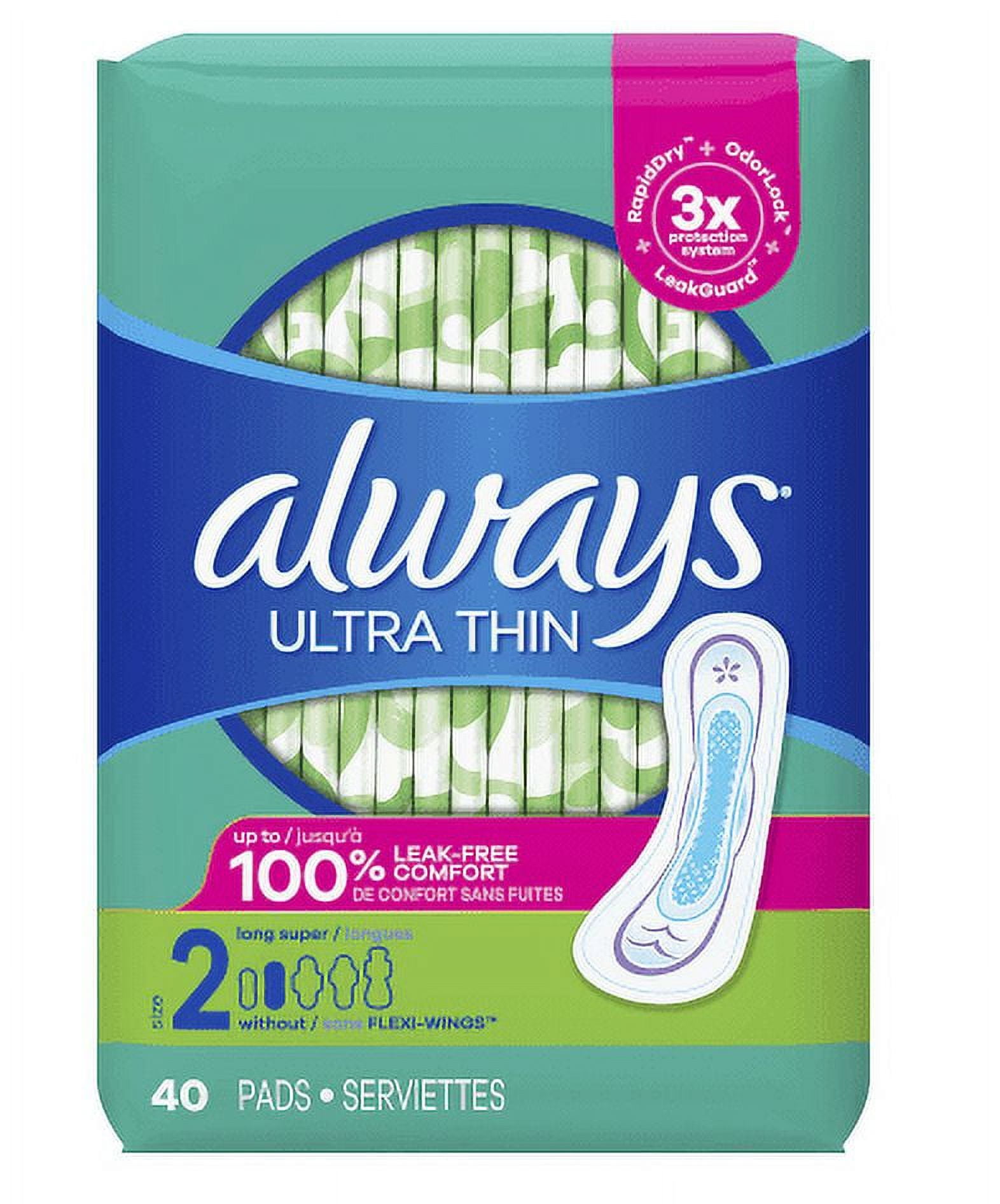 Always Ultra Thin Pads Long without Wings Unscented, Size 2, 40 ea HSA ...