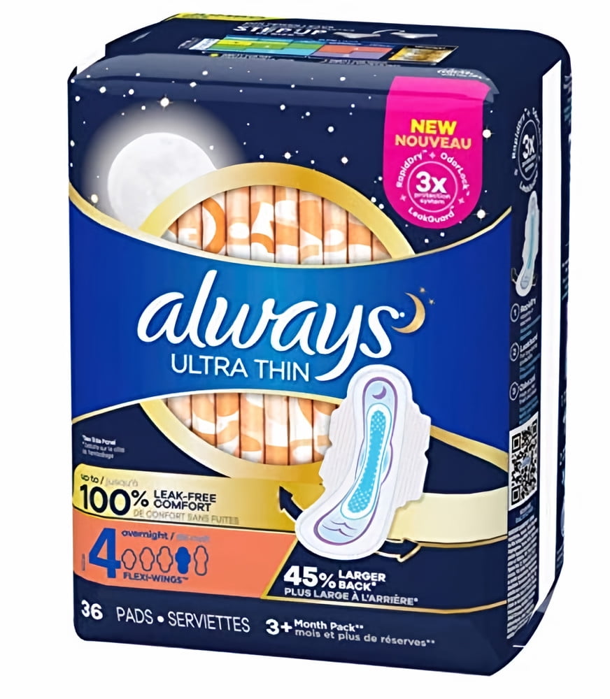 Always Ultra Thin Pads, Size 4 Overnight Absorbency, Unscented with ...