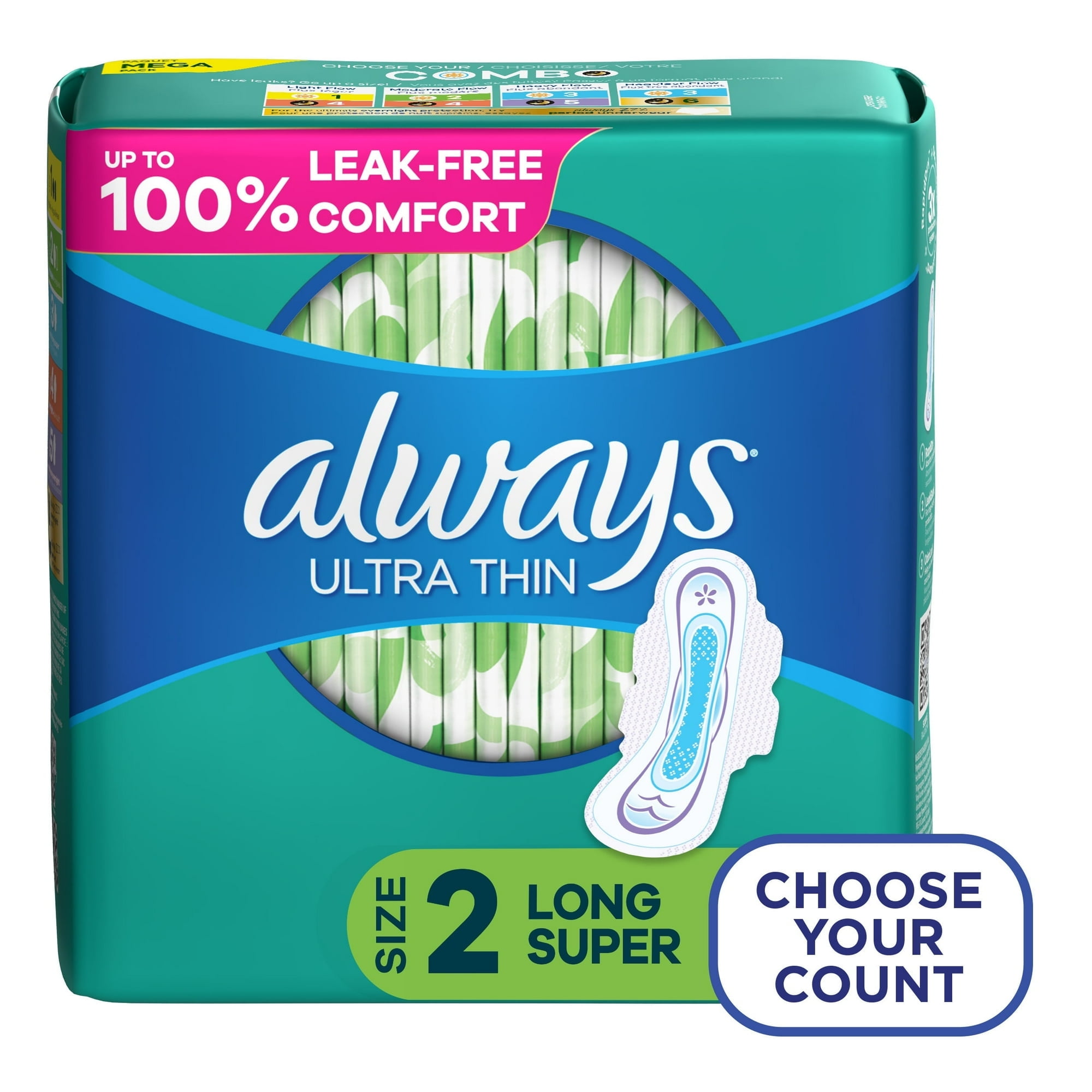 Always Ultra Thin Pads with Wings, Size 2, Long Super Absorbency, (2 ...