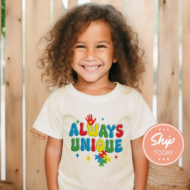 Always Unique Toddler Shirt, Autism Awareness Support Tee, Colorful Puzzle Pieces Comfortable ...