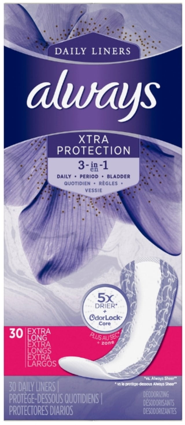 Always Xtra Protection 3 in 1 Daily Liners, Extra Long, 30 Count, 2 ...