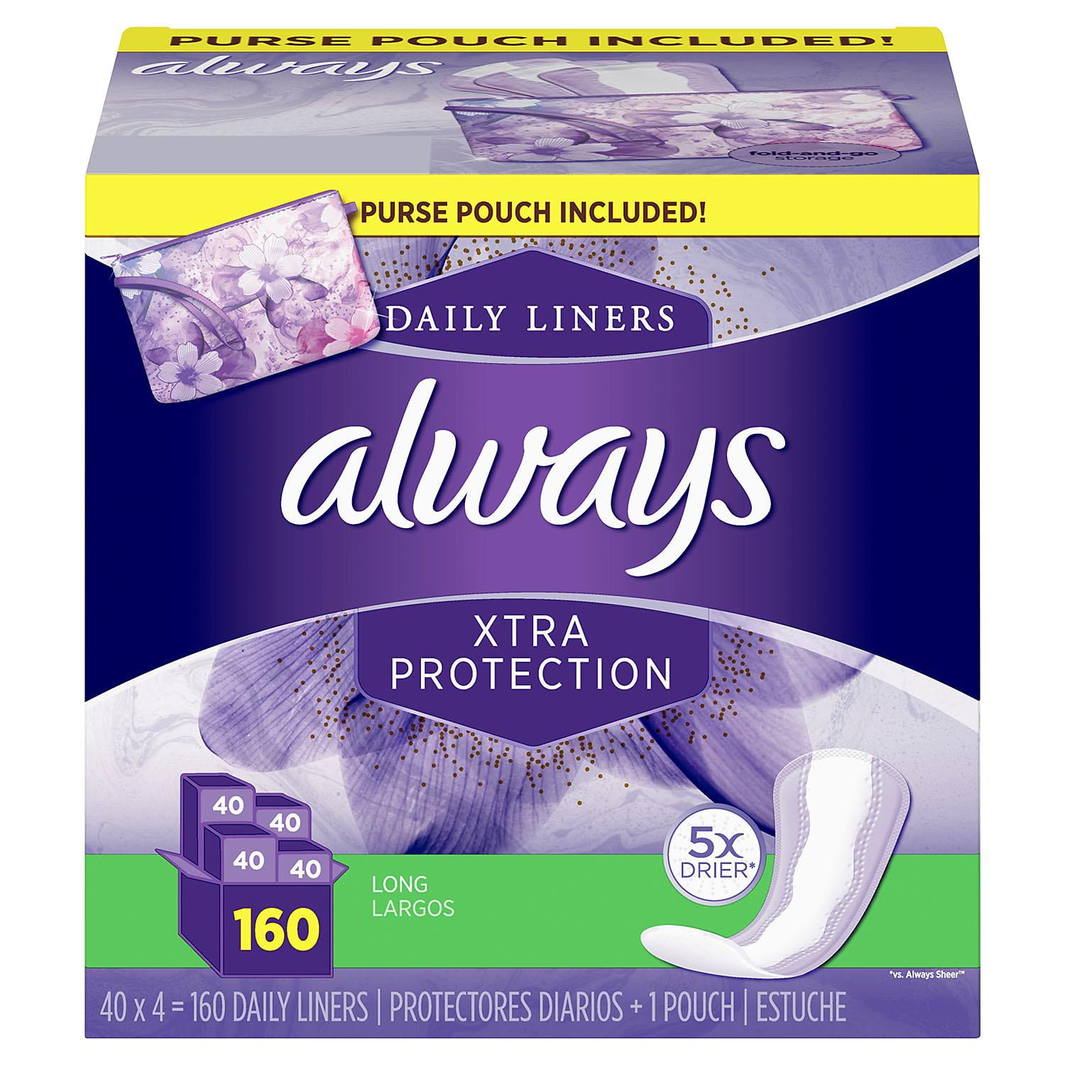 Always Xtra Protection Daily Liners, Long - with Purse Pouch (160 ct ...