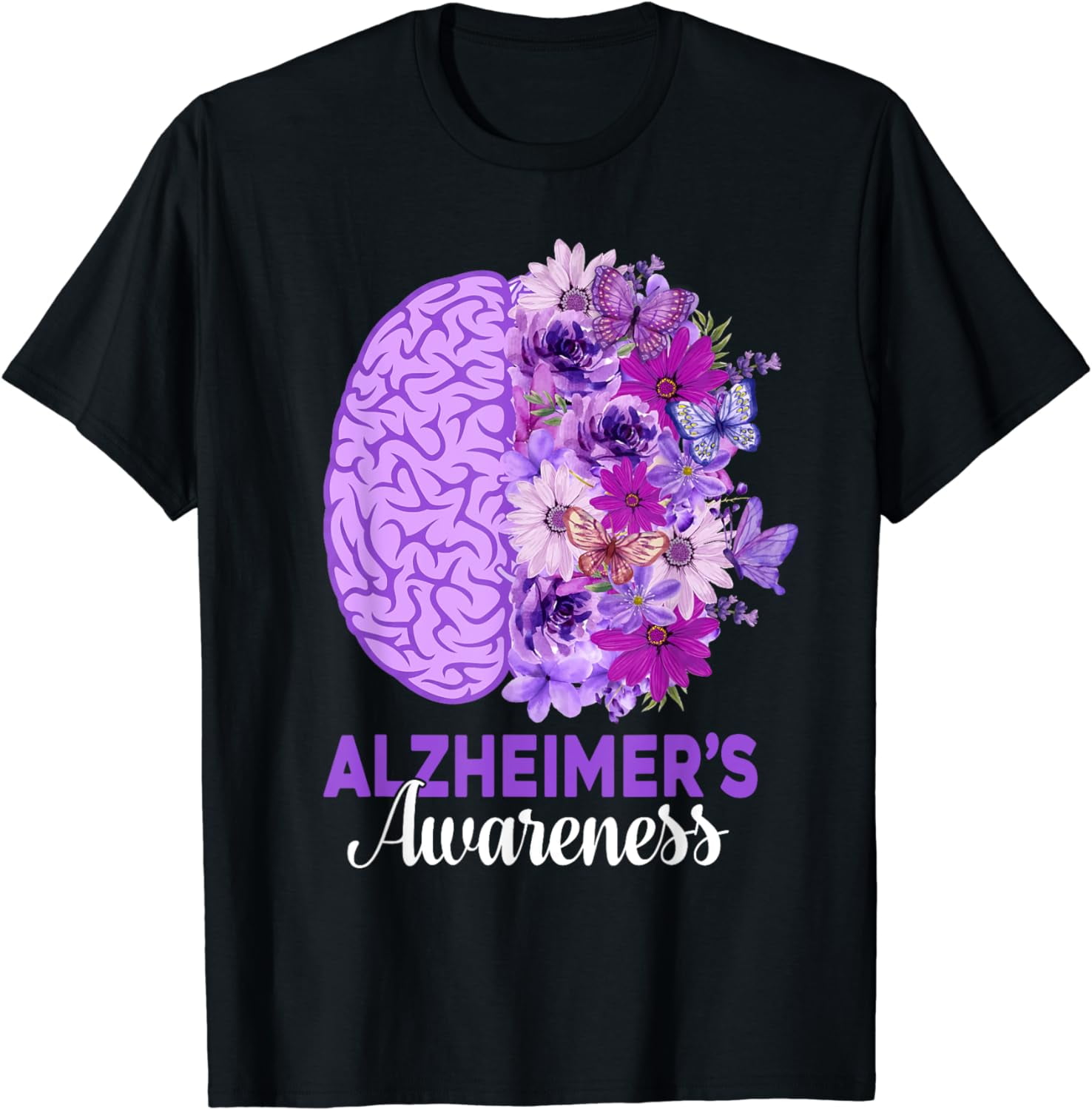 Alzheimer's Awareness Purple Flower Brain Be Kind Men Women T-Shirt ...
