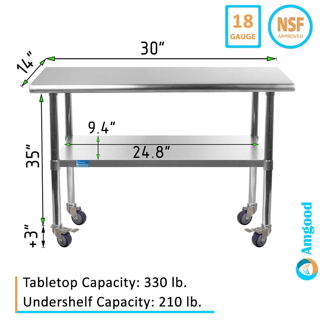AmGood 30" Long x 14" Deep Stanless Steel Work Table with Casters ...