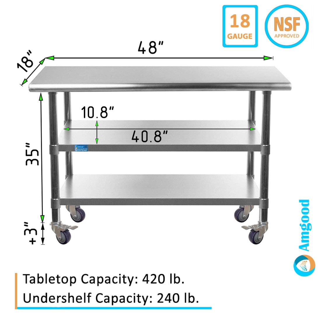 AmGood 48" Long x 18" Deep Stainless Steel Work Table with 2 Shelves ...