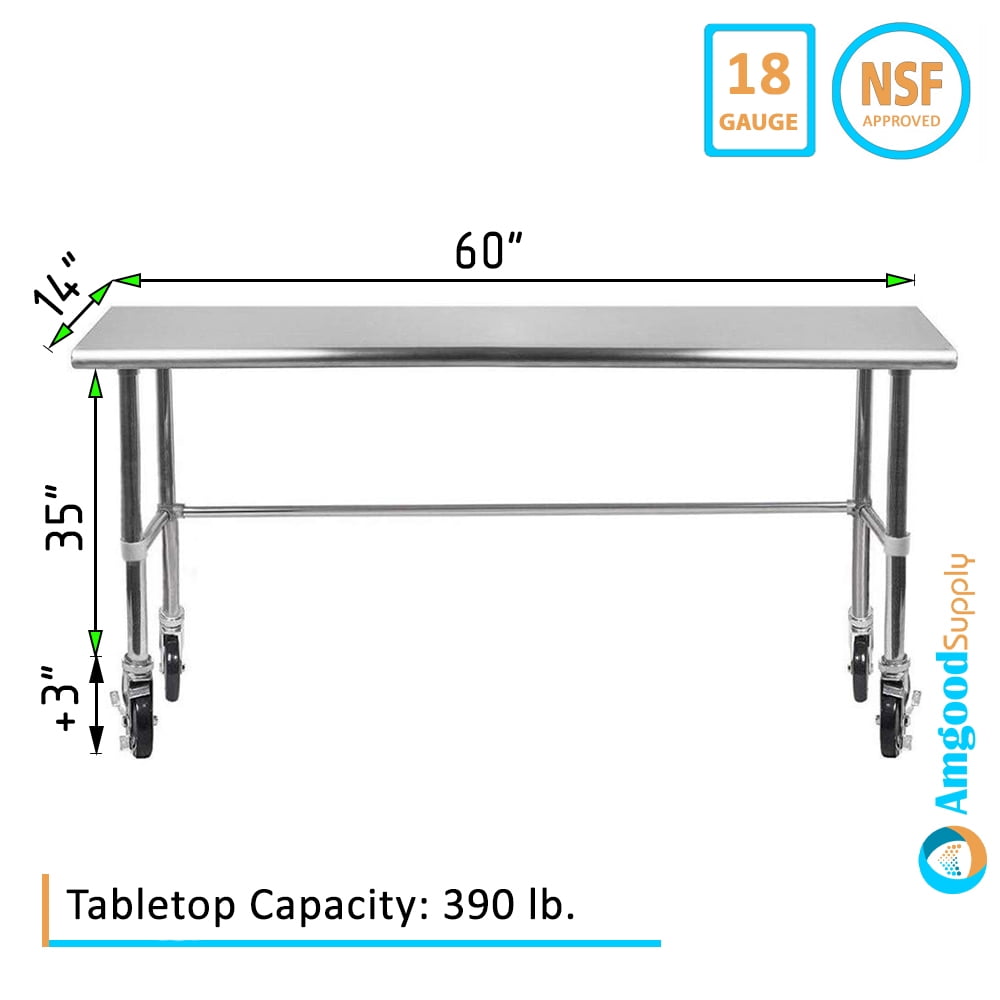 AmGood 60" Long x 14" Deep Stainless Steel Work Table With Open Base ...