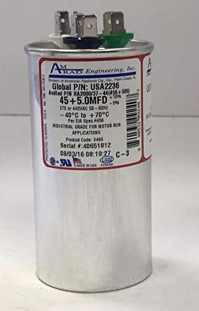 AmRad Run Capacitor 45 + 5 uF MFD x 370/440 Volt USA2236 - Walmart.com