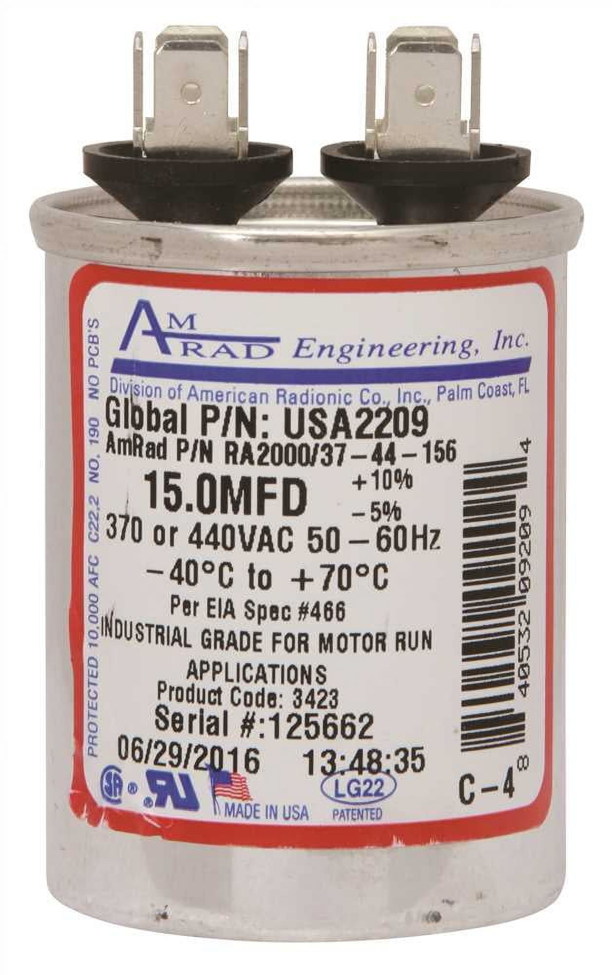 AmRad USA2209 370/440 VAC 15 MFD Motor Run Capacitor, Silver, 3.00 x 1. ...