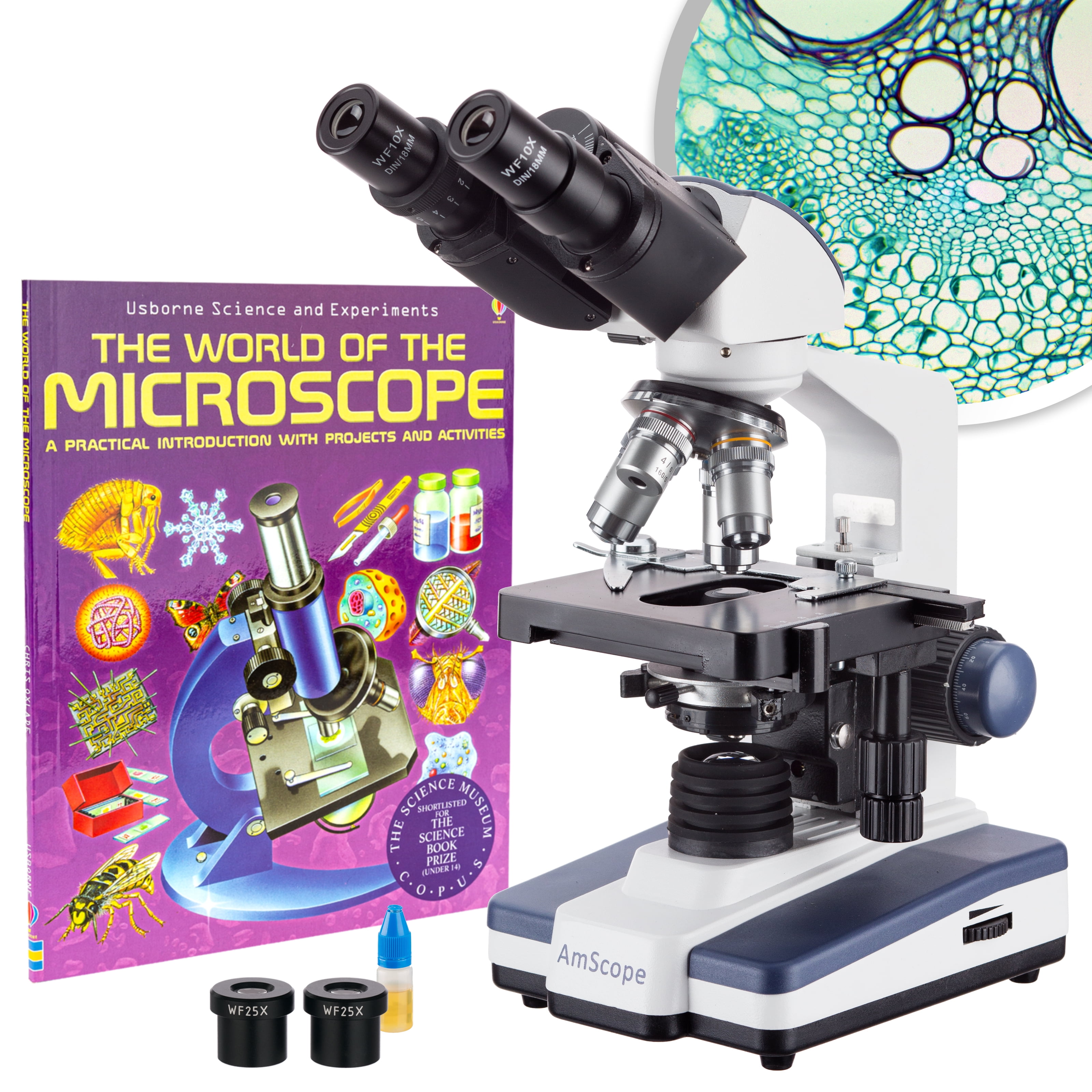 AmScope LED Light Set 40X-1000X Binocular Compound Microscope with Double Layer Mechanical Stage ...