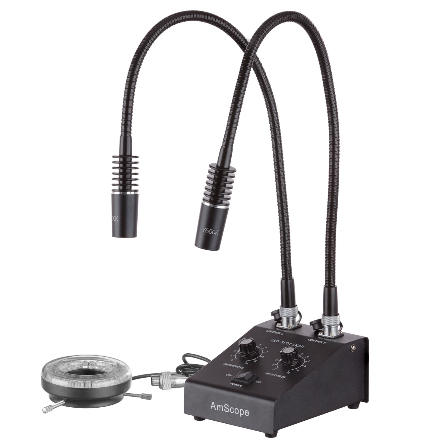 AmScope Powerful LED Dual Goose-neck and Ring Light Illuminator New ...