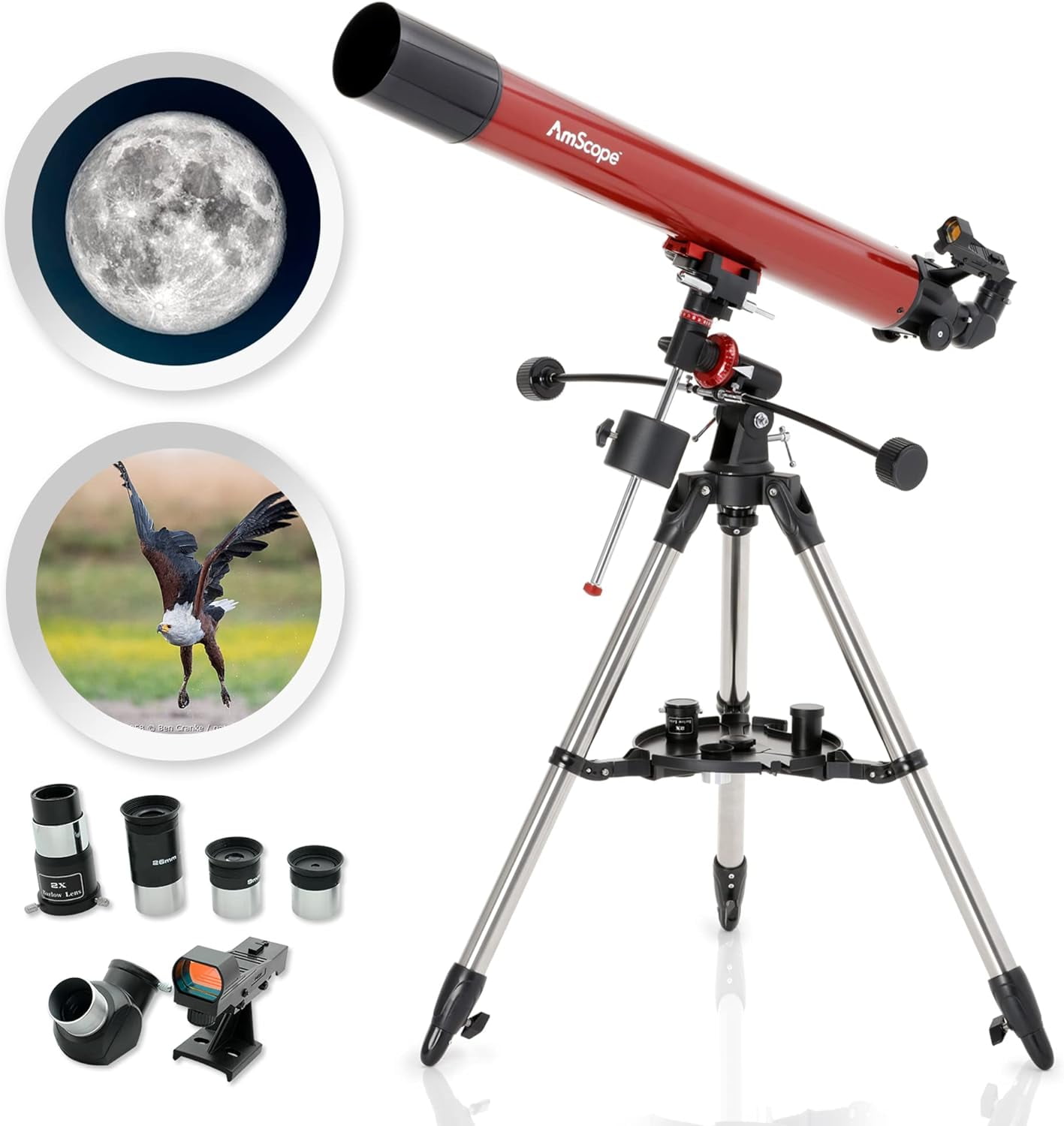 AmScope Refractor EQ Telescope with Equatorial Mount, 80mm Aperture ...