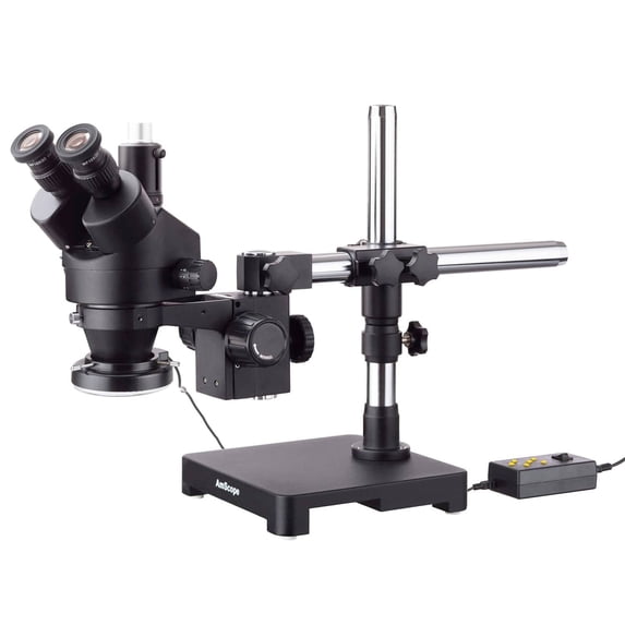AmScope SM-3TZZ-144A-B 3.5X-180X Black Trinocular Stereo Zoom Microscope on Single Arm Boom ...