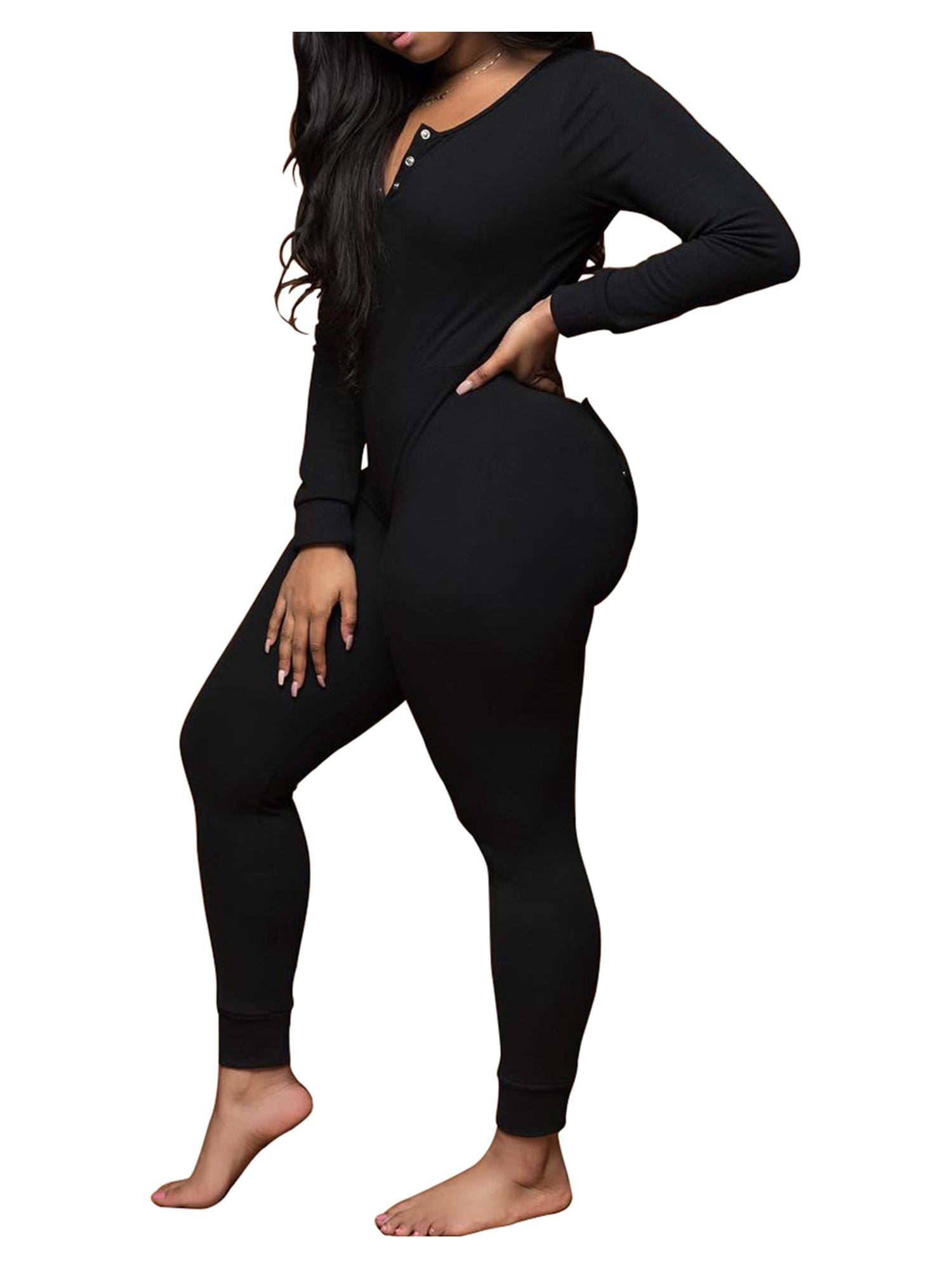 Amshibel Sexy Womens Deep V Neck One Piece Pajamas Pants Long Sleeve