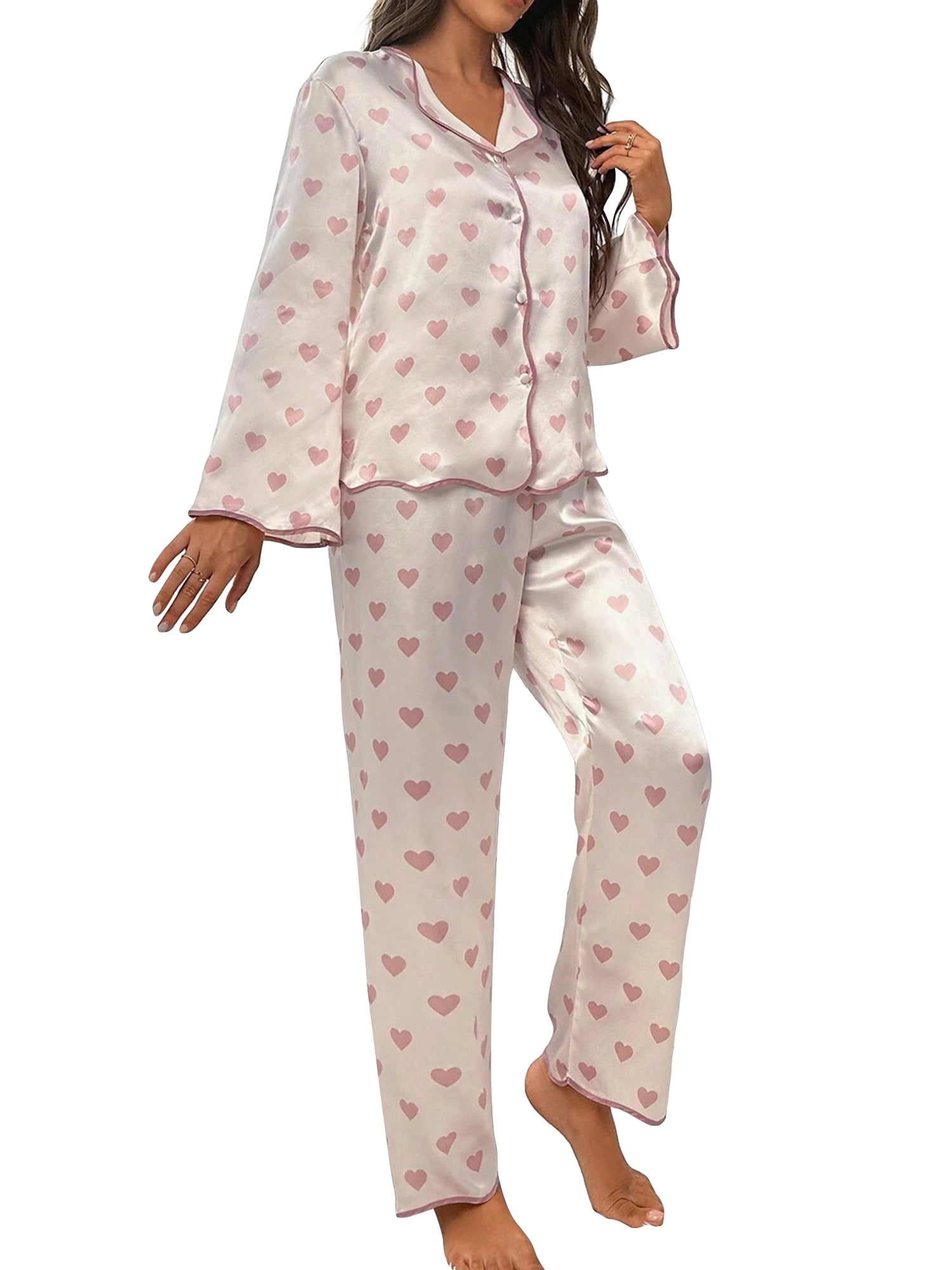 AmShibel Valentine’s Day Women's Satin Pajama Set Heart Print Button ...