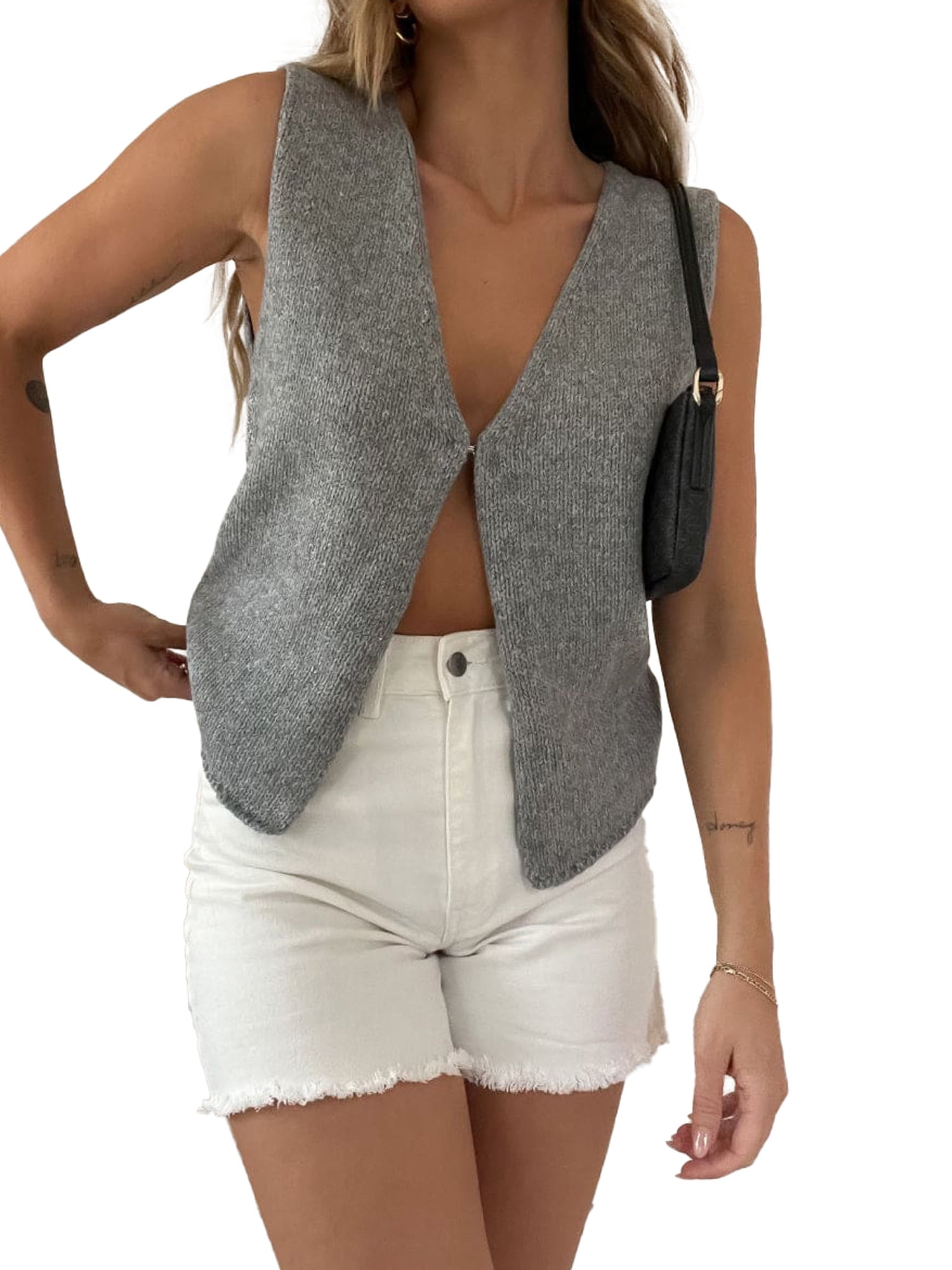 AmShibel Women Crochet Vest Top Y2k Knit V Neck Sleeveless Button Down ...