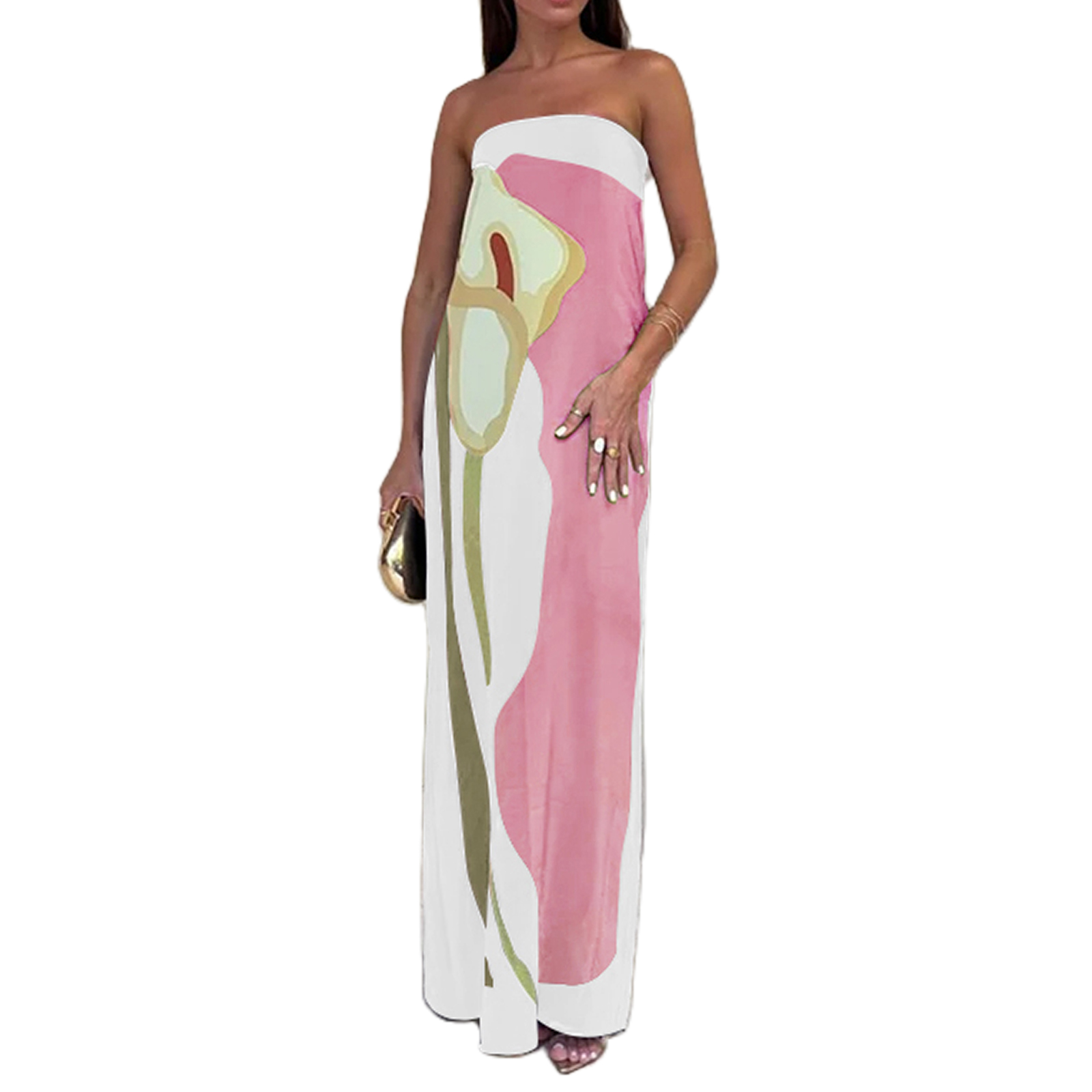 AmShibel Women Strapless Maxi Dress Boho Floral Print Flowy Long Tube ...