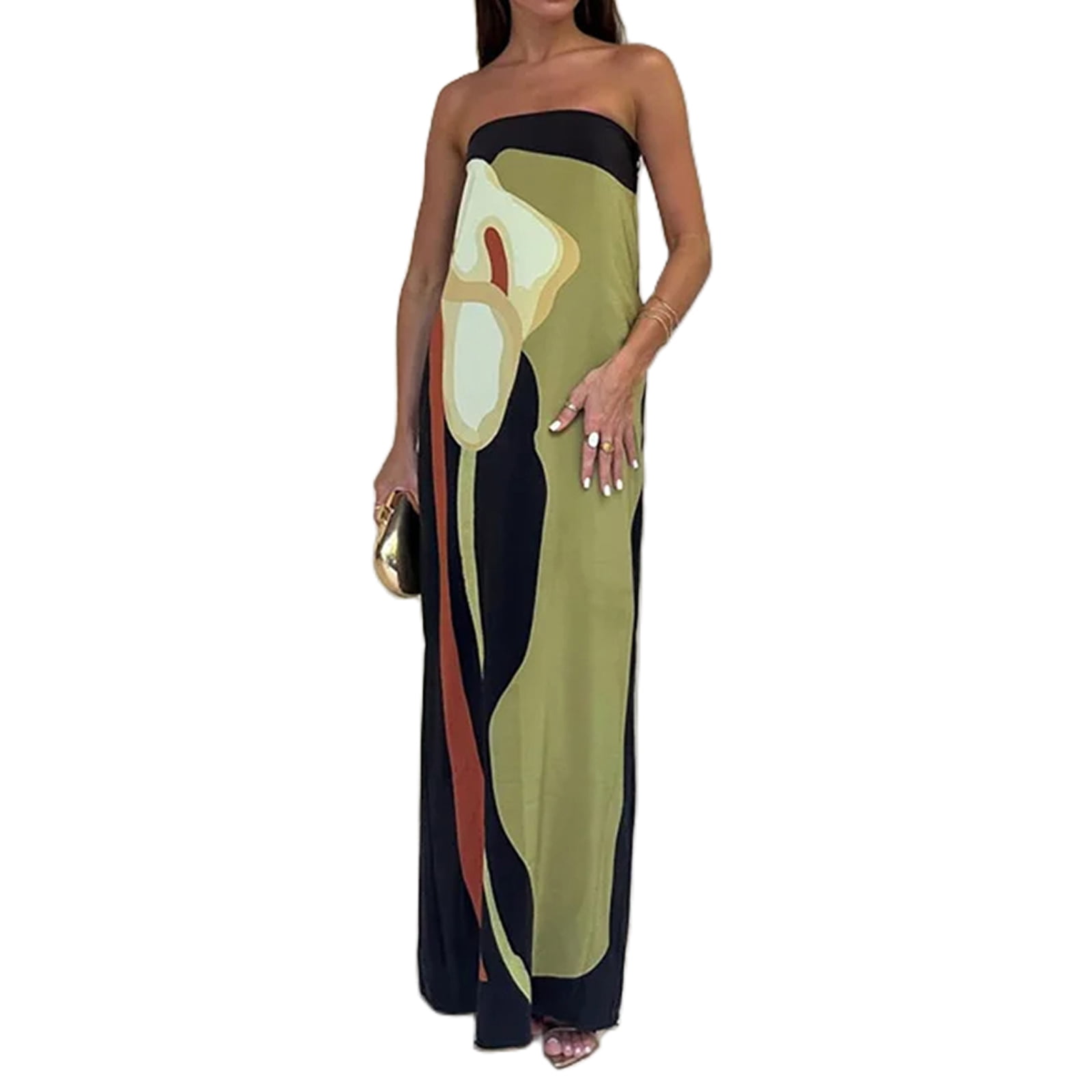 AmShibel Women Strapless Maxi Dress Boho Floral Print Flowy Long Tube ...