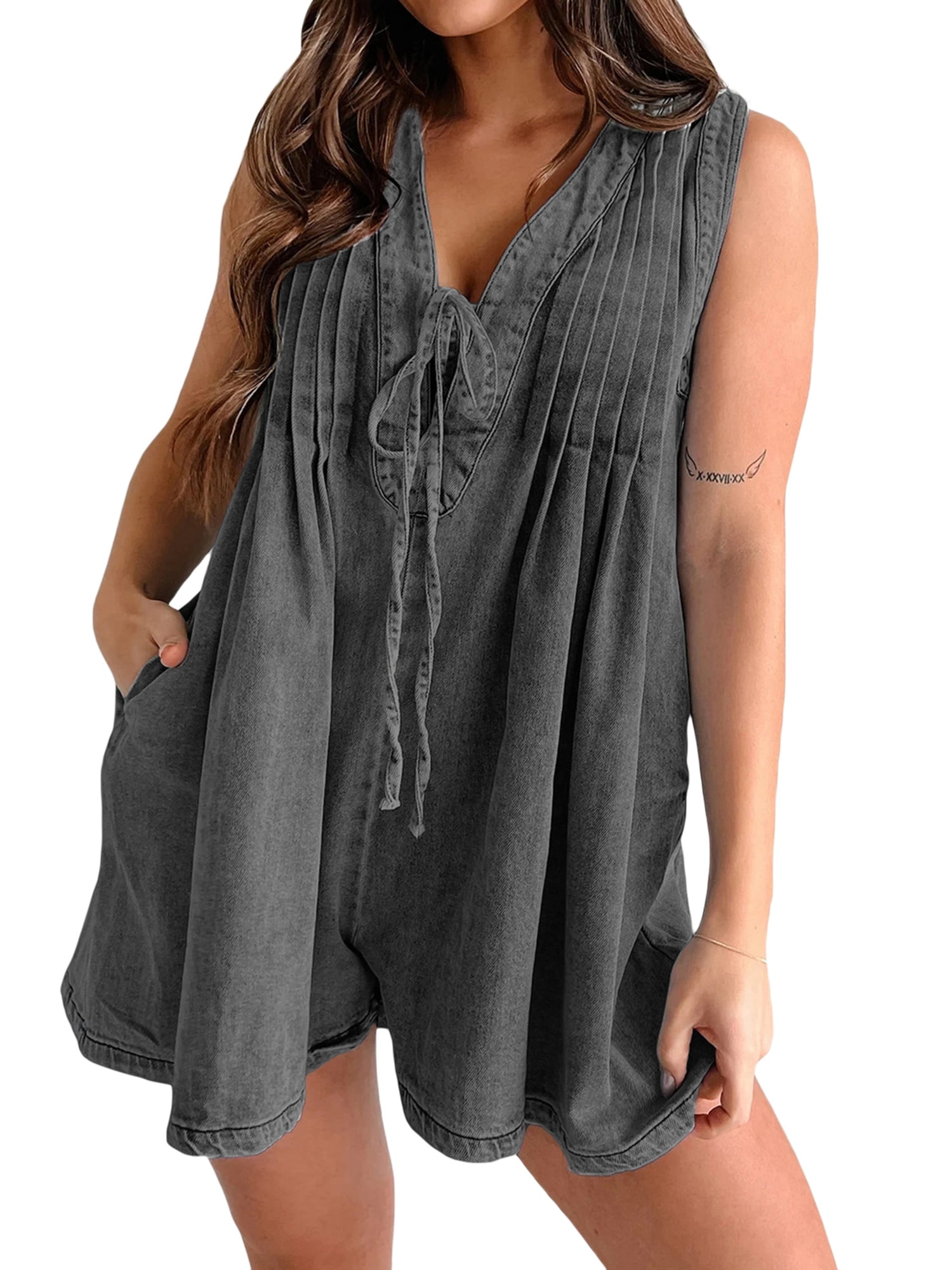 AmShibel Women Summer Casual V Neck Denim Romper Dress Sleeveless Jean ...