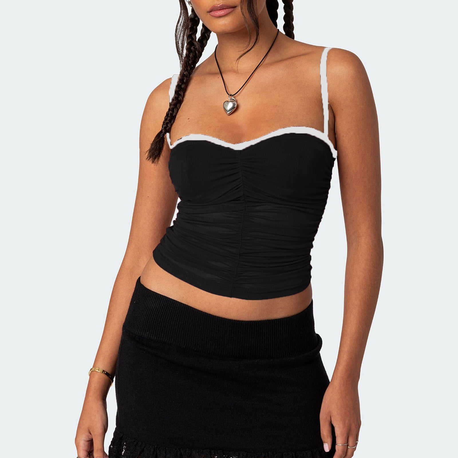 AmShibel Women Y2K Patchwork Mesh Camisoles Ruched Spaghetti Straps ...